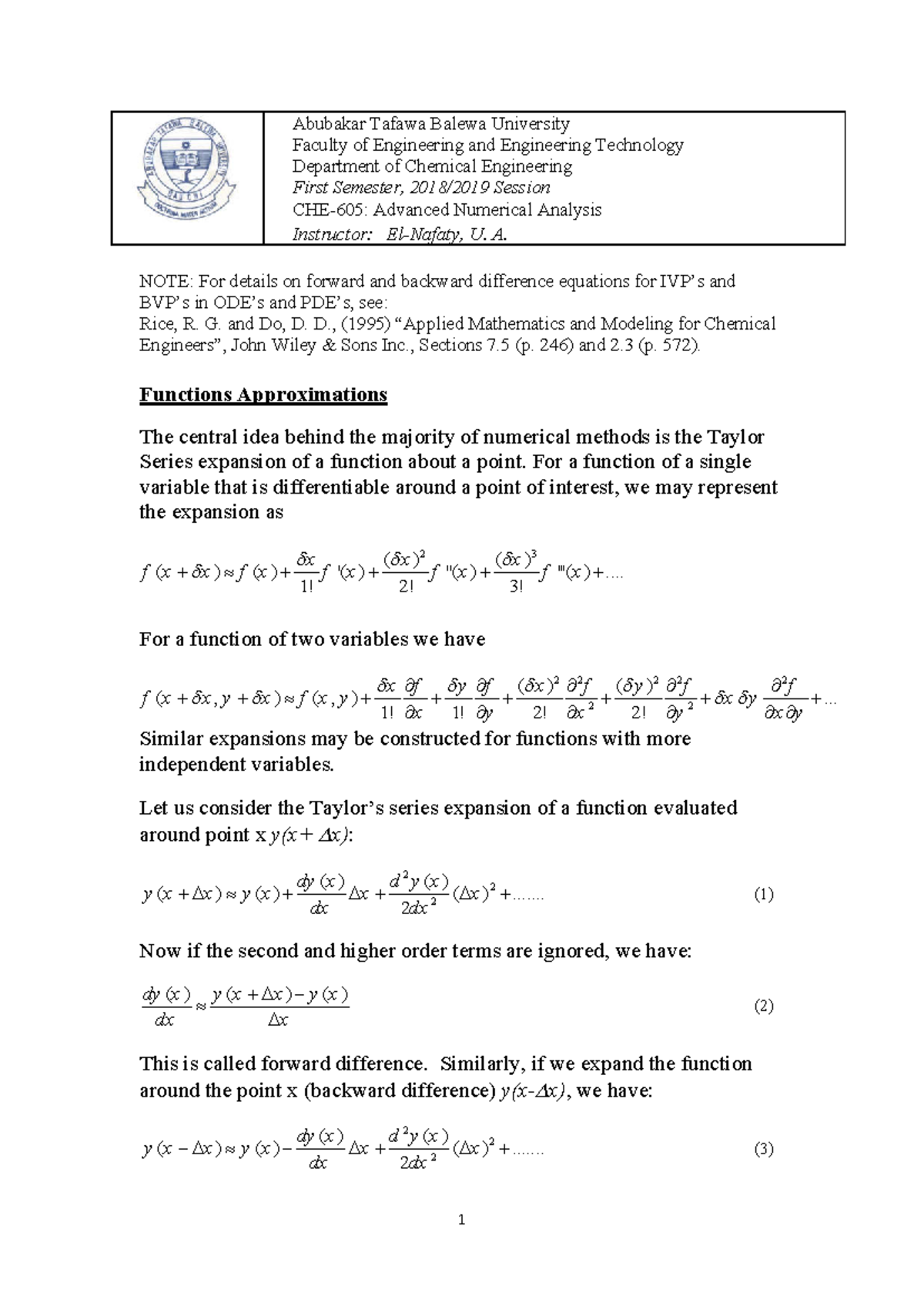 Functions Approximations and Taylor Series in Numerical Methods (CHE ...