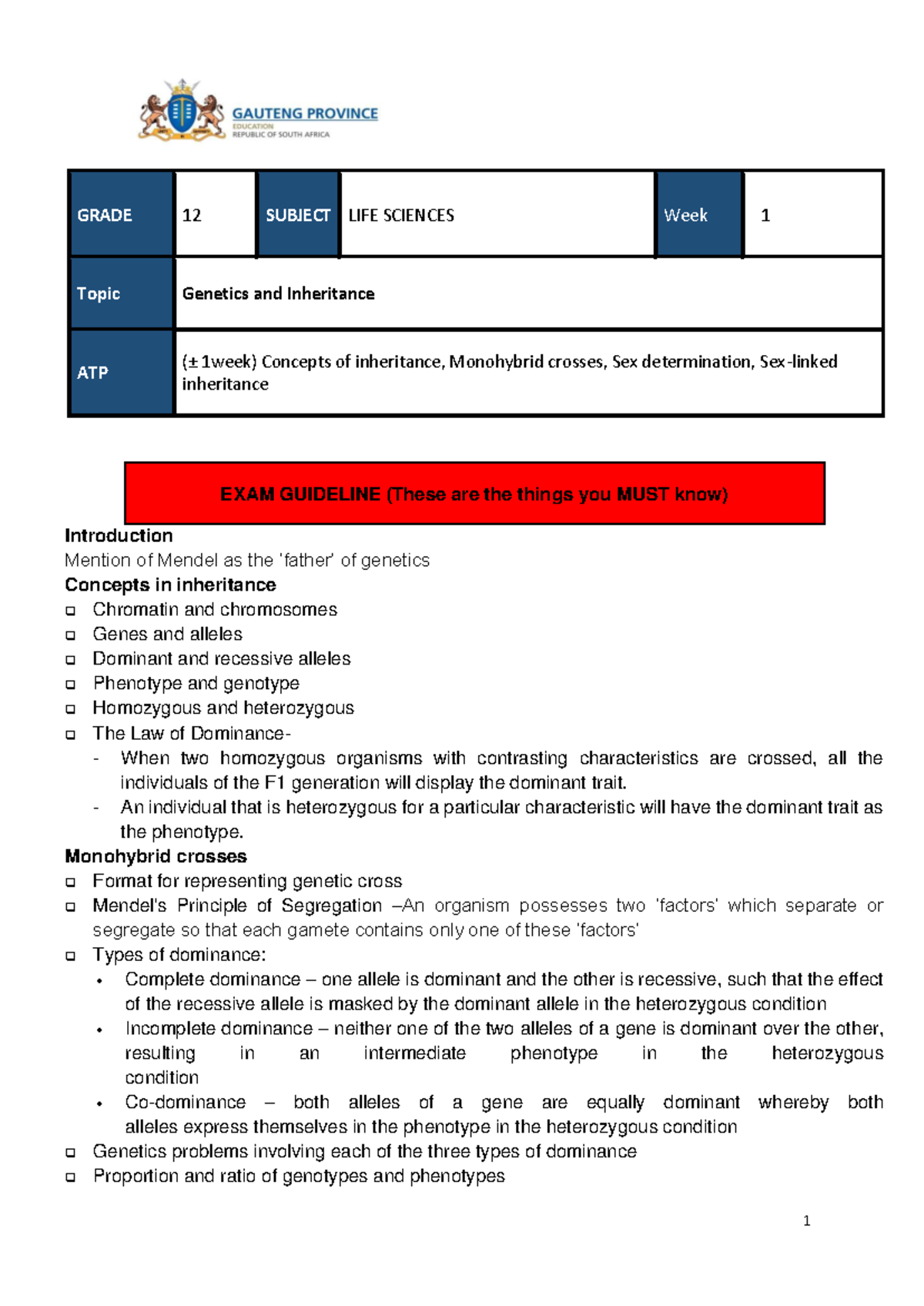 GRADE 12 LIFE SCIENCES Week 41 Genetics & Inheritance Exam Guidelines ...