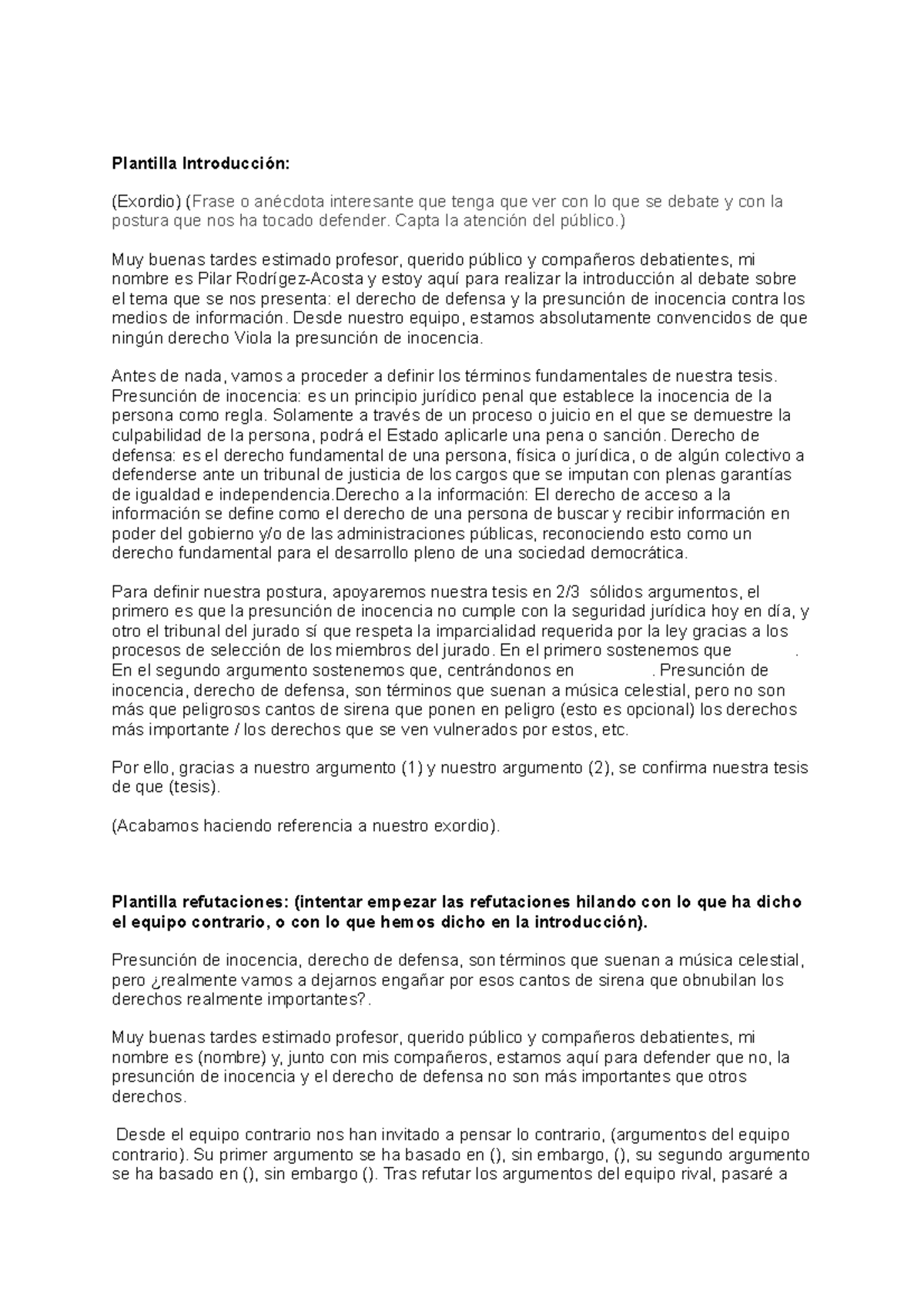Debate presunción de inocencia - Plantilla Introducción: (Exordio ...