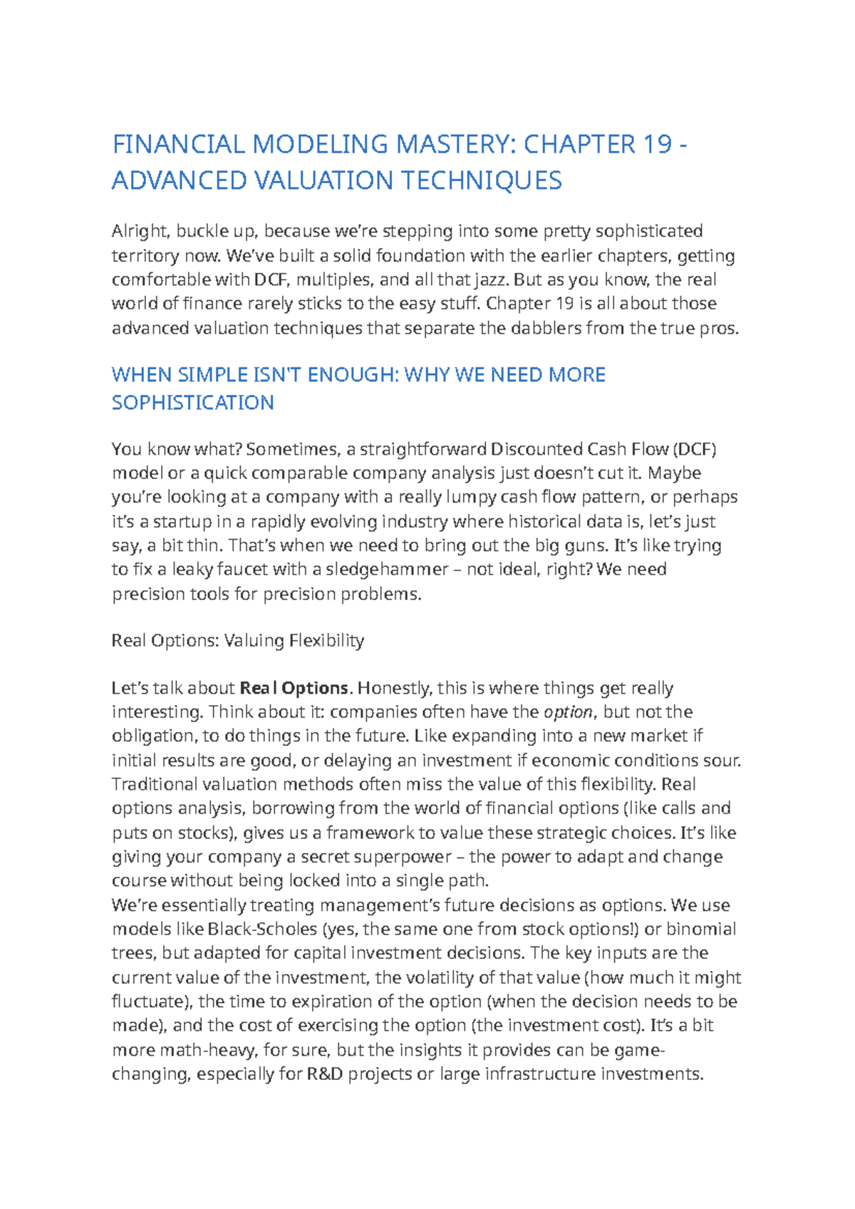 FIN 301: CHAPTER 19 ADVANCED VALUATION TECHNIQUES REVIEW - Studocu