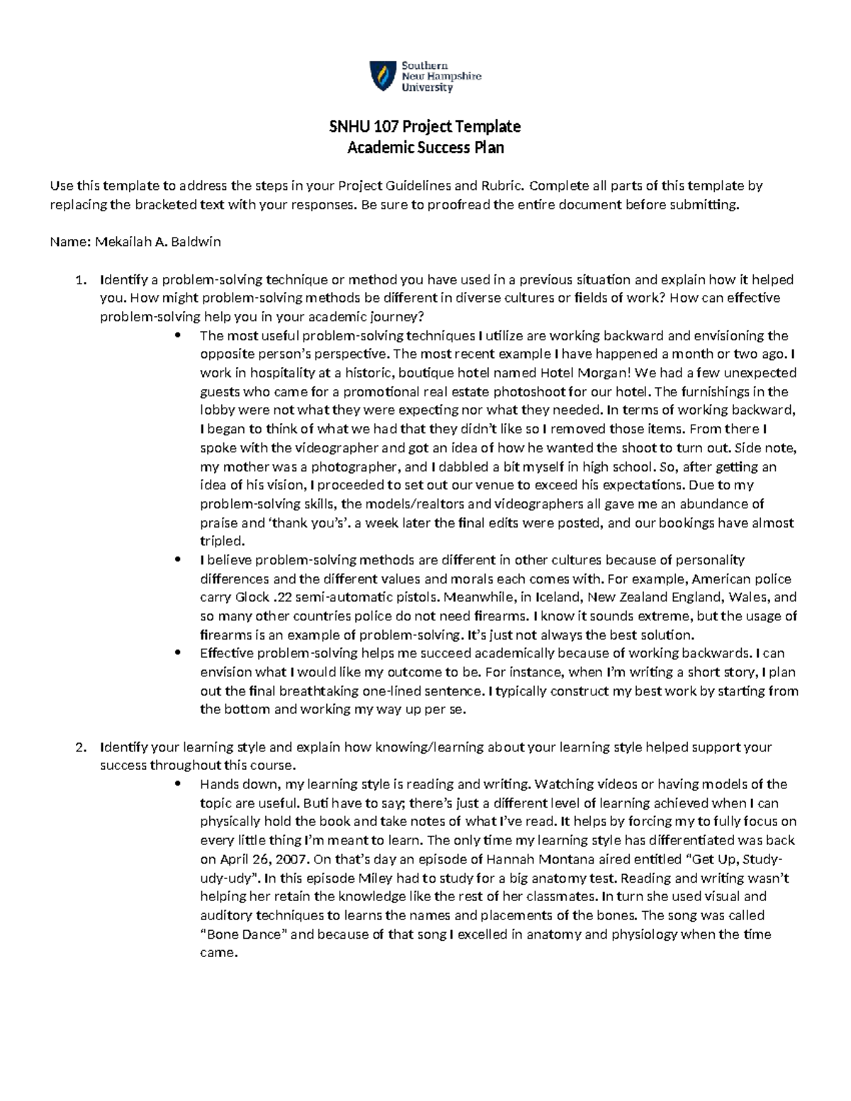 SNHU 107 Academic Success Plan Project Template - Studocu