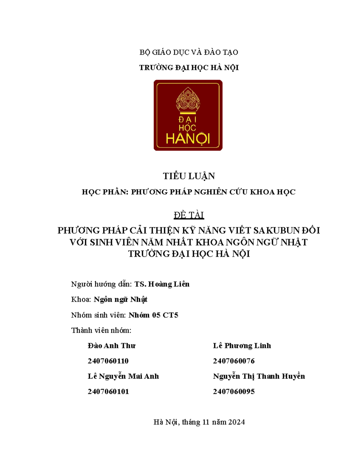 Tiểu luận Nhóm 5: Phương pháp cải thiện kỹ năng viết Sakubun cho sinh ...