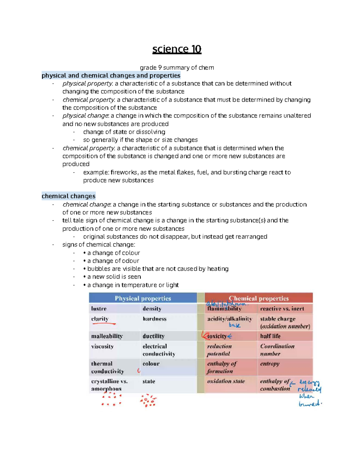 Science 10: Summary of Chemical & Physical Changes and Properties - Studocu