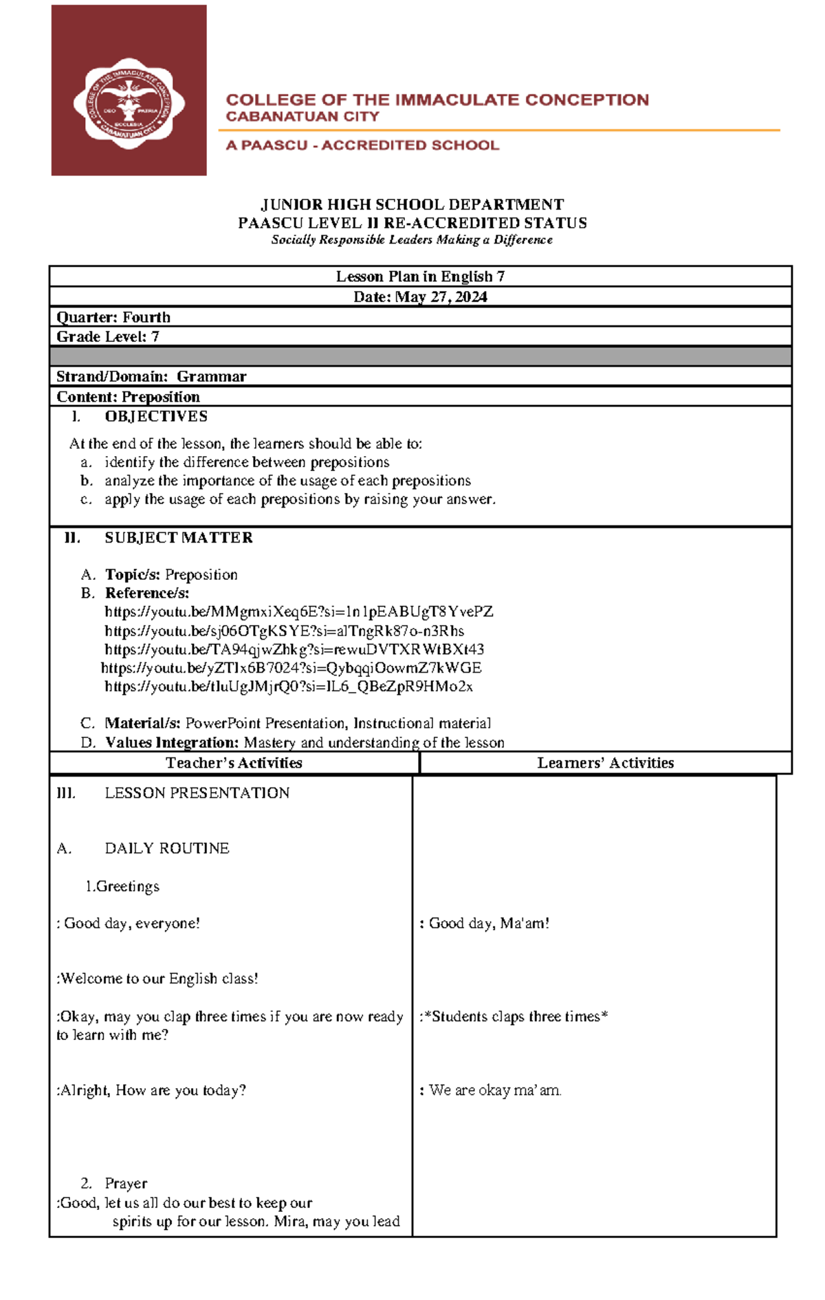 English 7 Lesson Plan on Prepositions - 4th Quarter (May 27, 2024 ...
