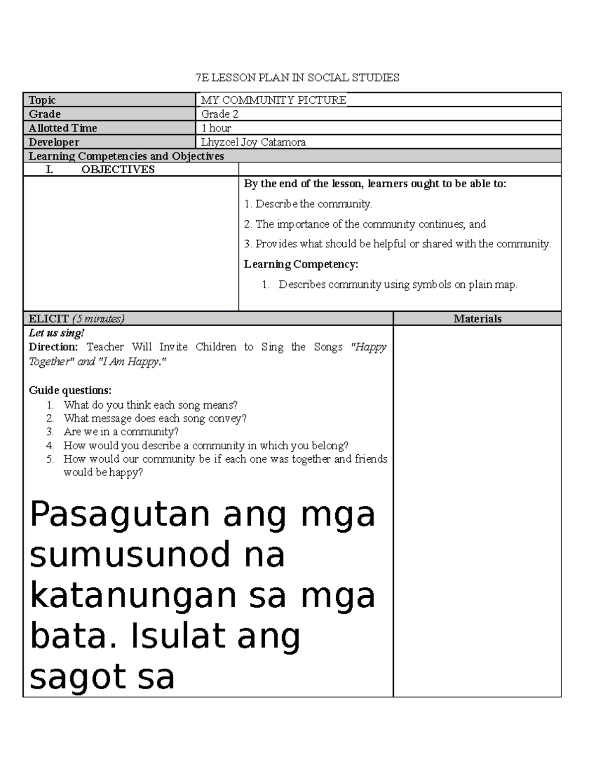 7E Lesson Plan: Understanding Our Community for Grade 2 - Studocu
