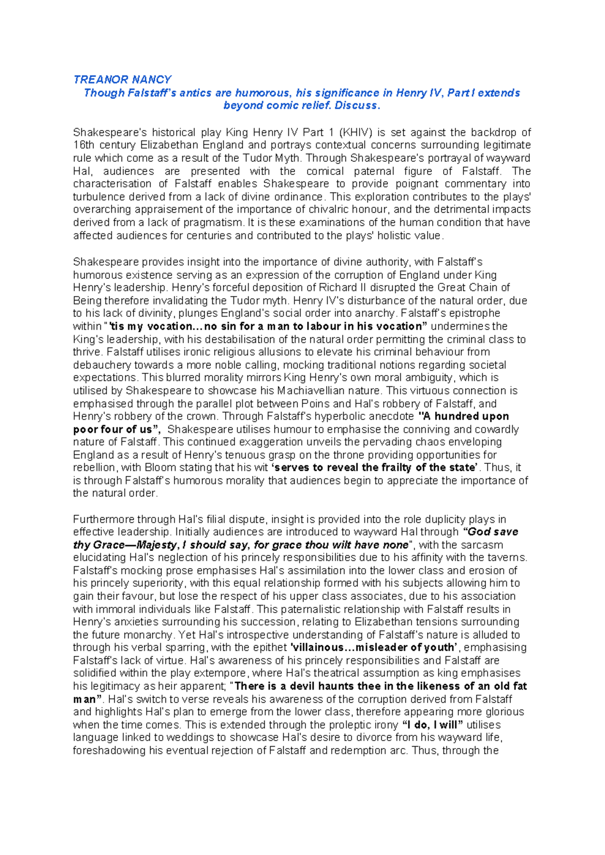 KHIV MOD B - Essay Analysis: The Role of Falstaff in King Henry IV Part ...