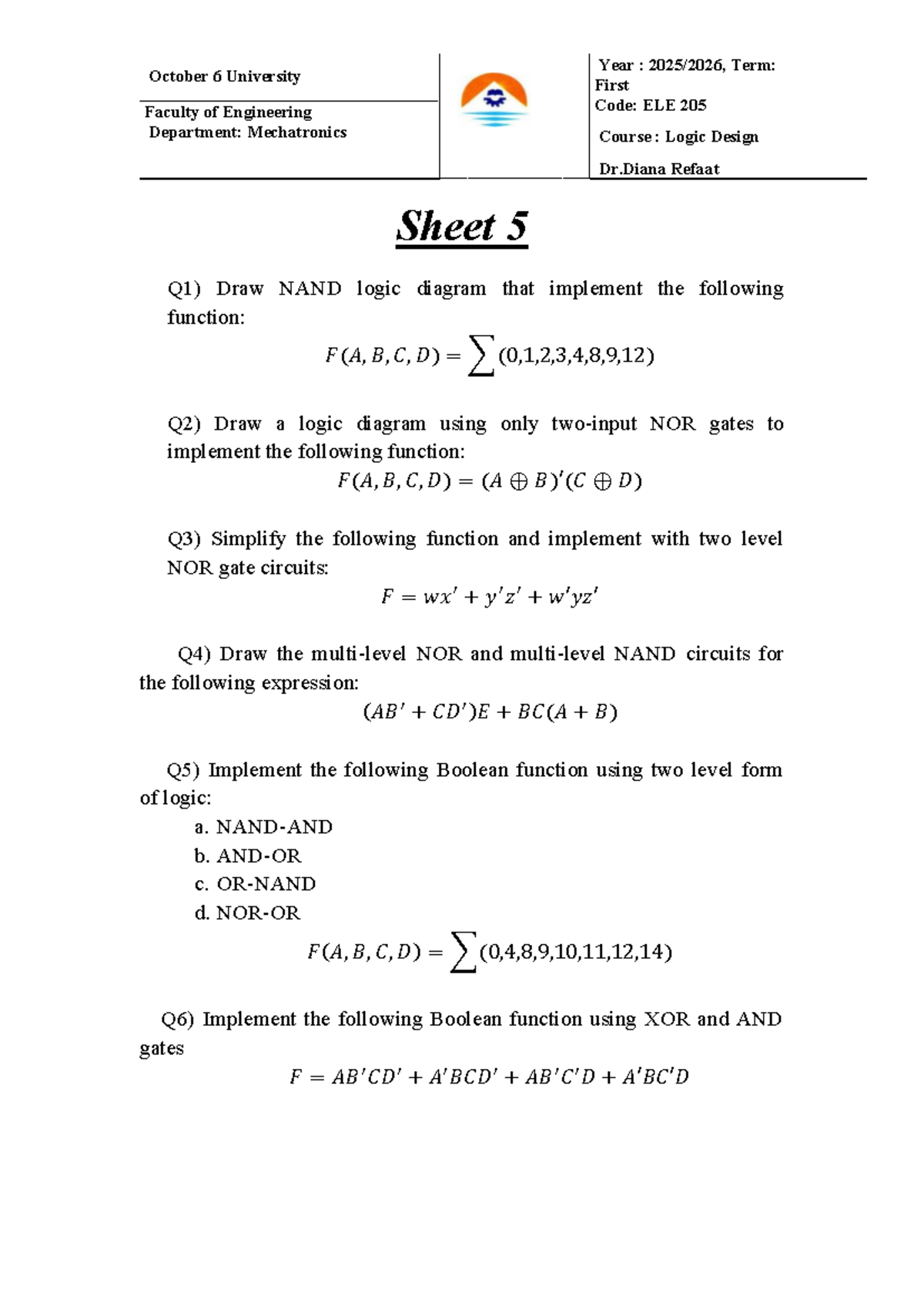 ELE 205: Logic Design Sheet 5 - NAND & NOR Circuit Implementations ...