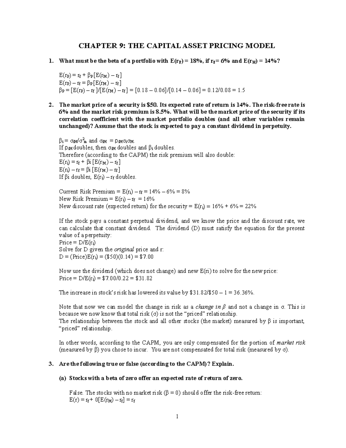 Investment Analysis and Portfolio Mgt CAPM Practice Question with ...