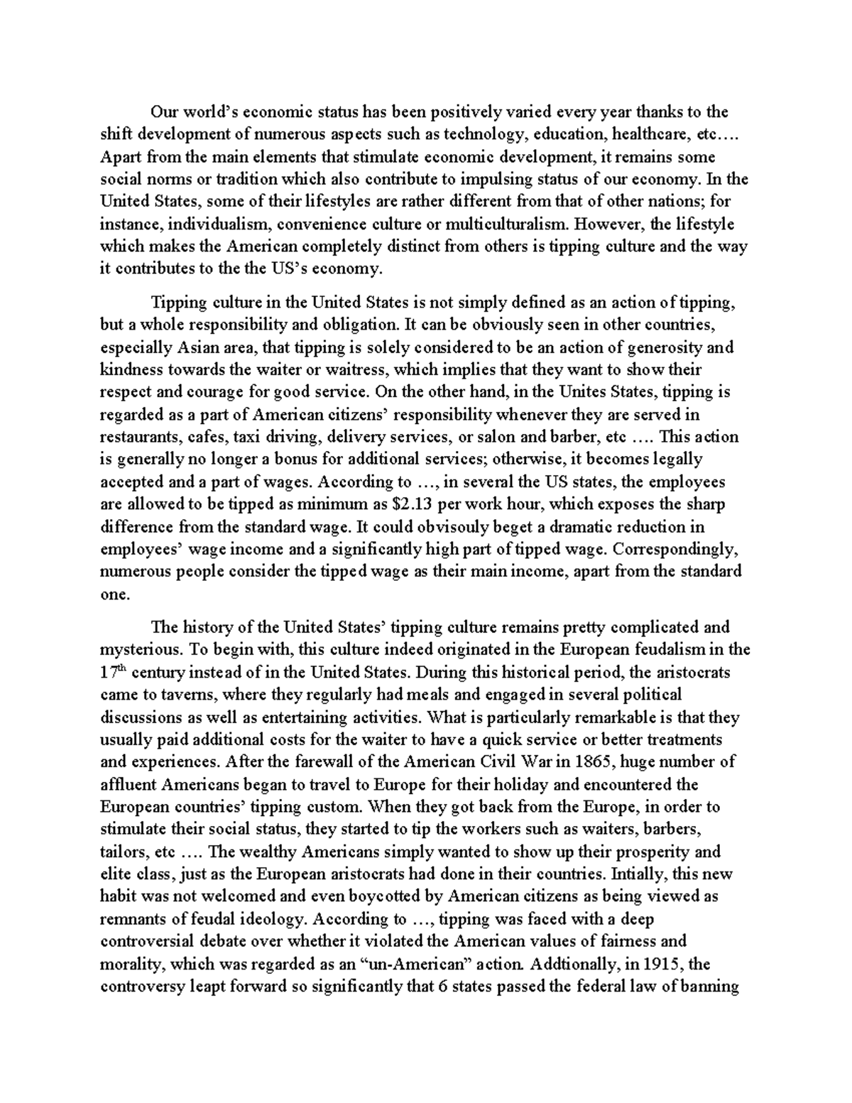 Tipping Culture in the U.S.: Historical Perspectives and Economic ...