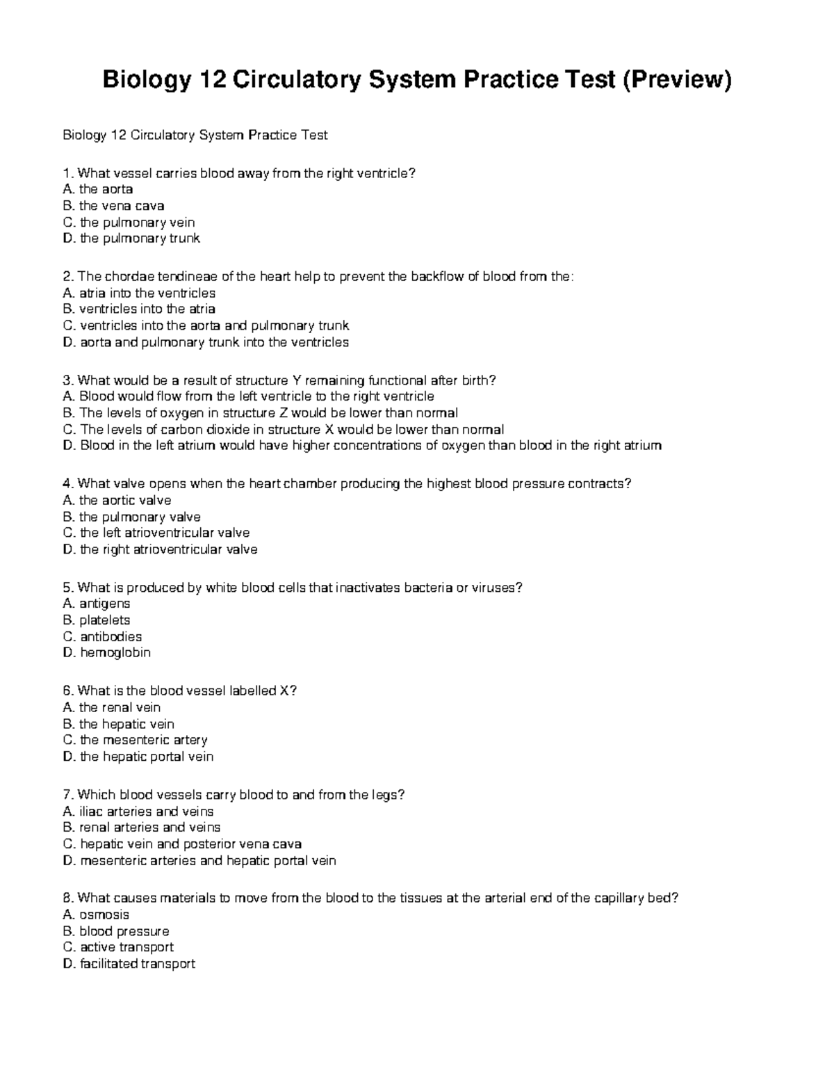Biology 12 Circulatory System Practice Test Preview - Studocu