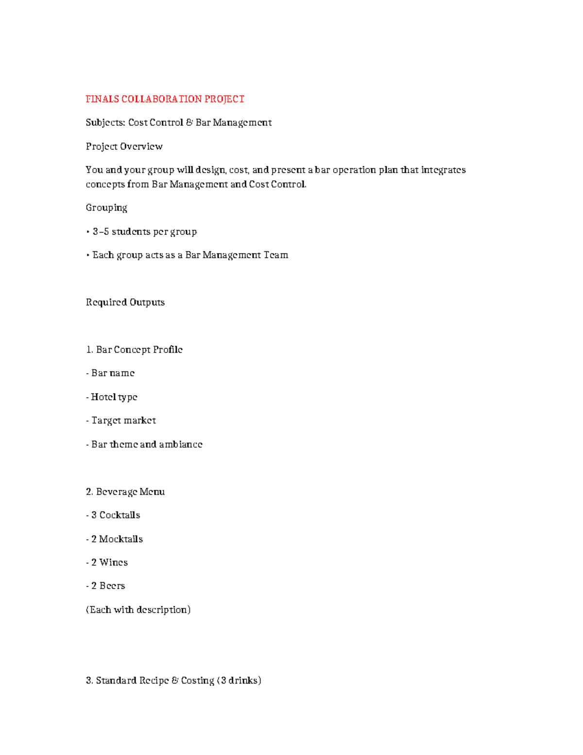 FINALS PROJECT: Hotel Bar Management & Cost Control Overview - Studocu