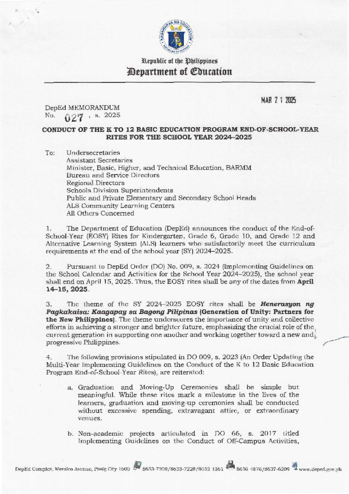 DM s2025 027 - Memorandum on K to 12 Basic Education Program Rites ...