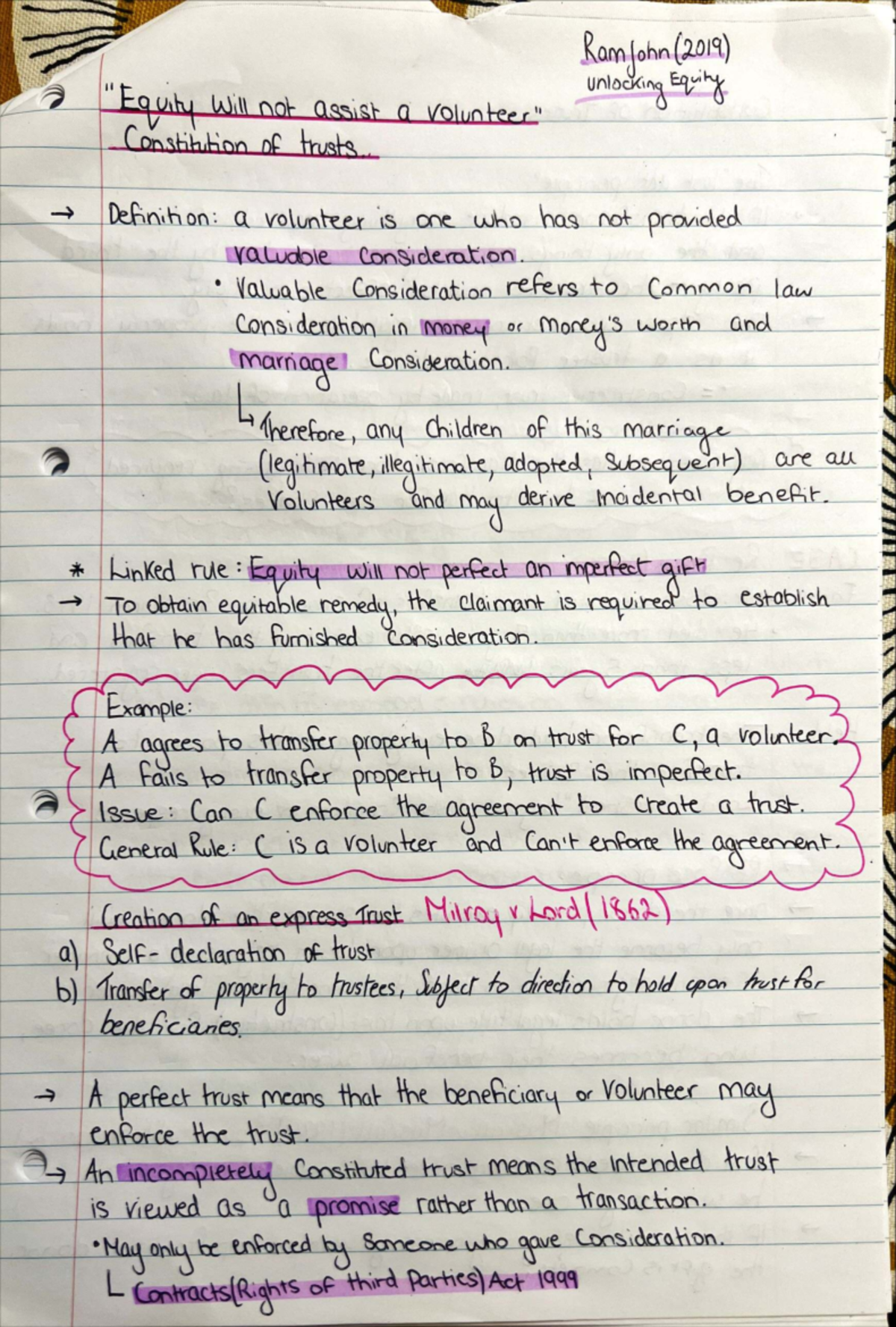 Equity Will Not Assist a Volunteer: Key Concepts & Case Law Notes - Studocu