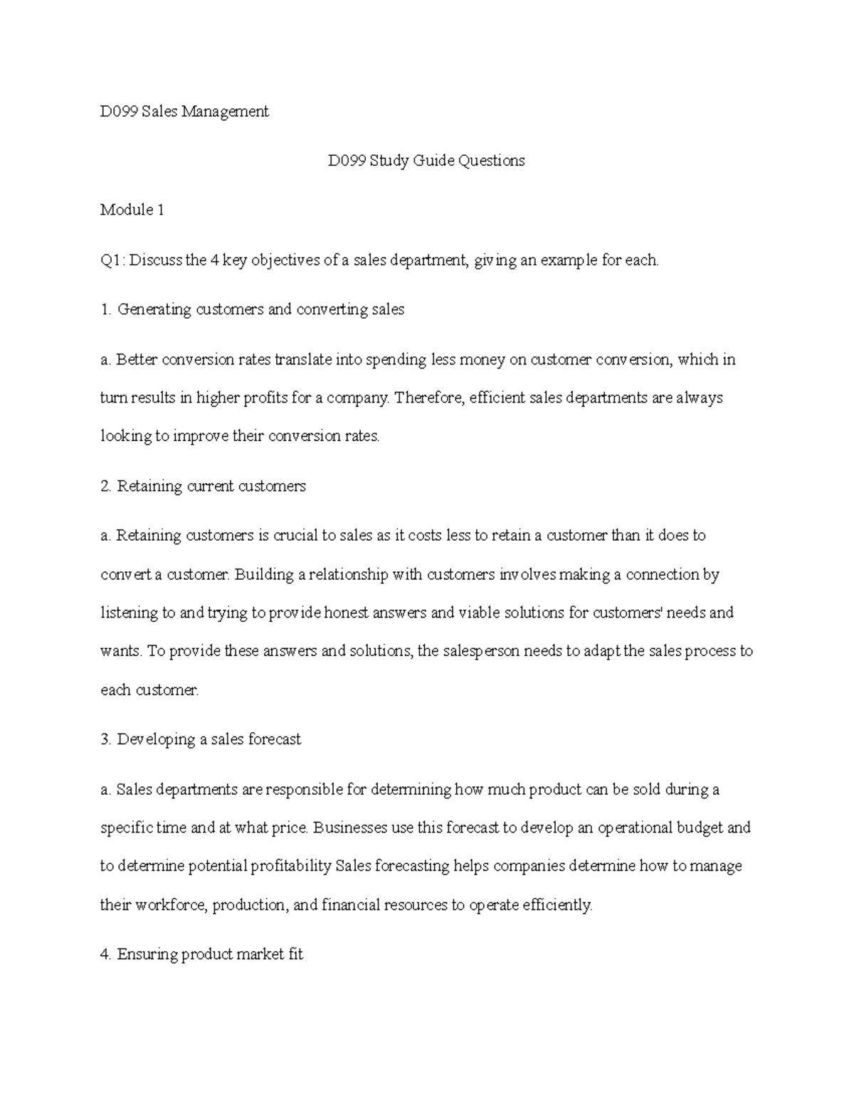 D099 Sales Management Study Guide: Key Concepts and Exam Prep - Studocu