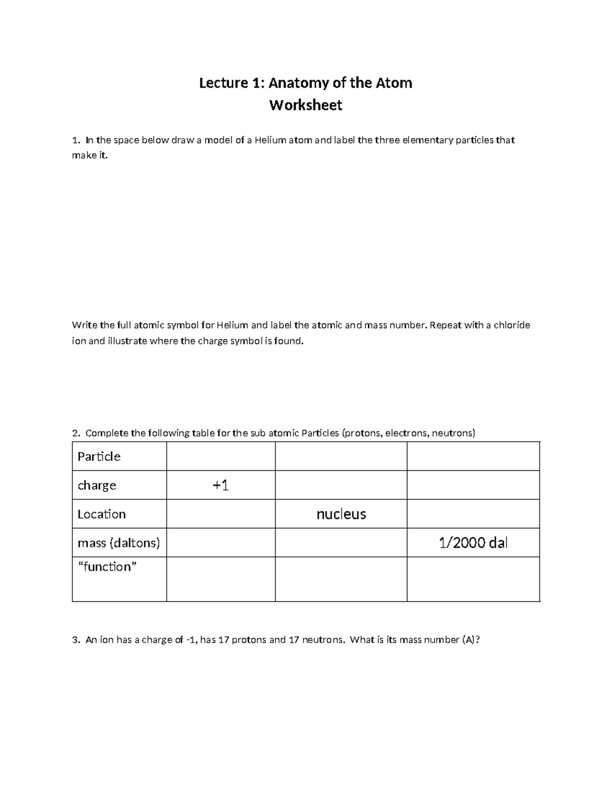Bio180 document worksheet 01 - Lecture 1: Anatomy of the Atom Worksheet ...