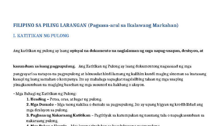 Ikalawang Markahan: Review sa Filipino sa Piling Larangan - Studocu