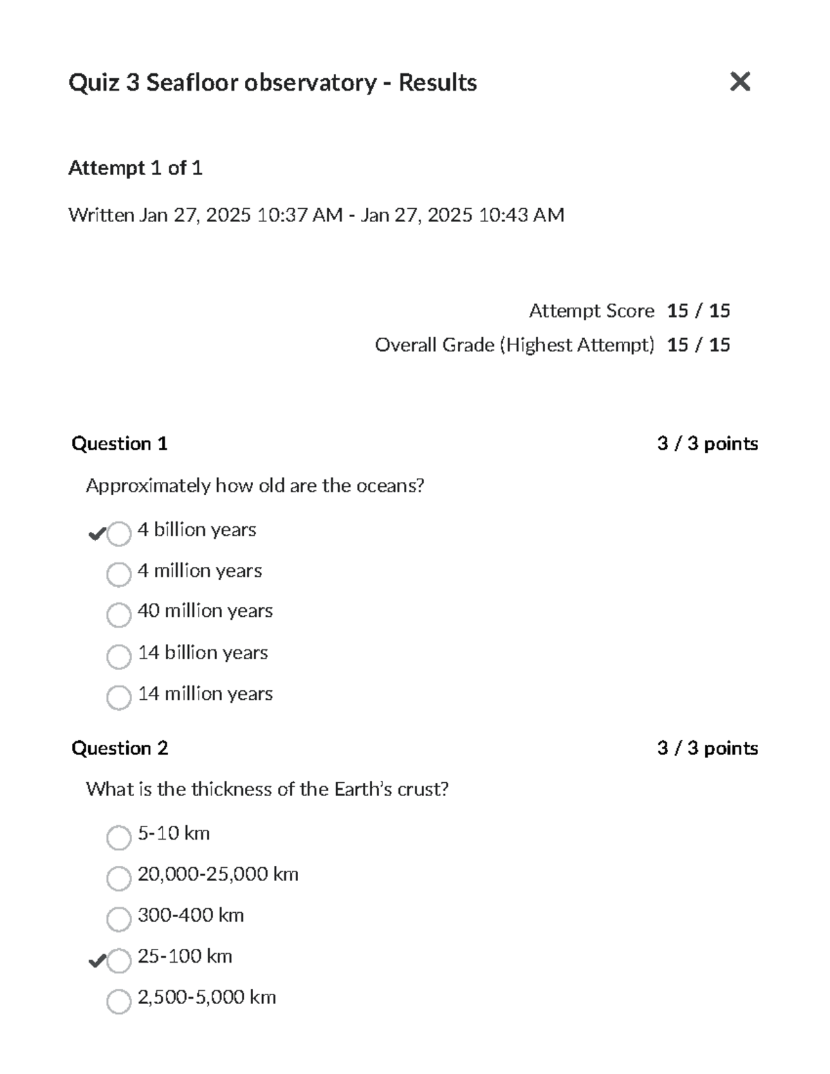Quiz 3 - quiz - Quiz 3 Seafloor observatory - Results Attempt 1 of 1 Written Jan 27, 2025 10:37 ...