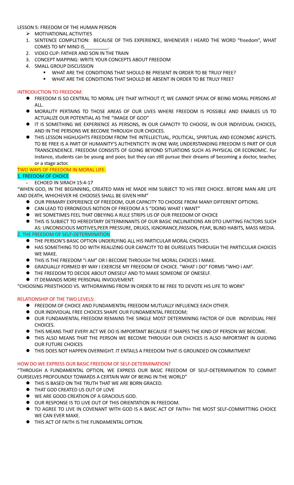 Lesson 5 Freedom OF THE Human Person - LESSON 5: FREEDOM OF THE HUMAN ...