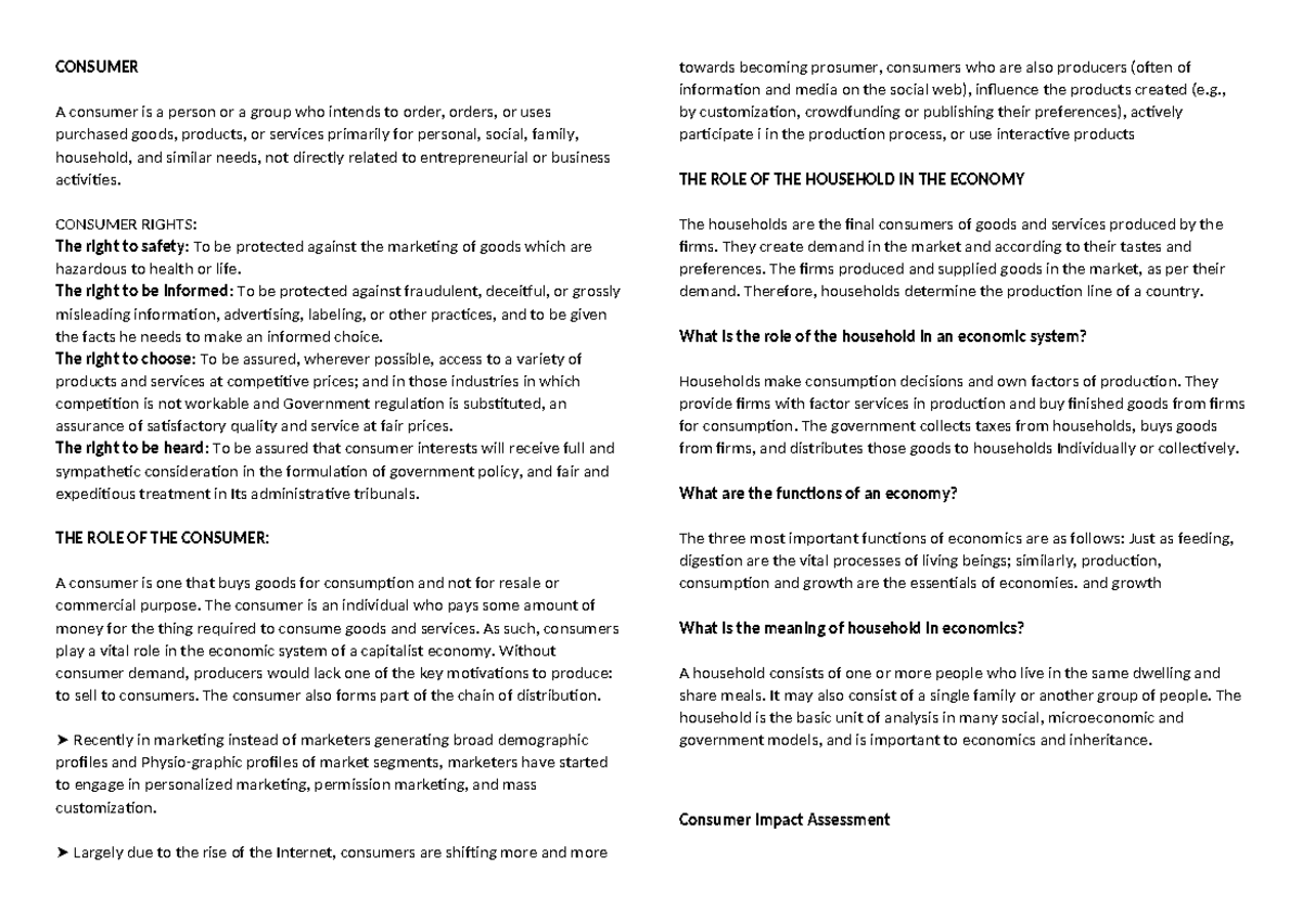 Applied economics - Reviewer - CONSUMER A consumer is a person or a ...
