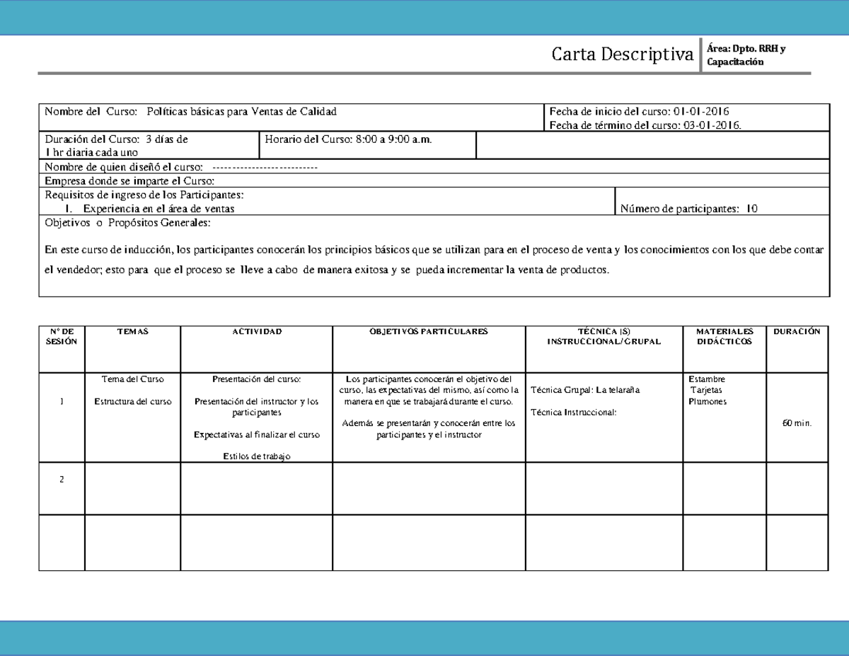 M7-ARH-02-Ejemplo carta descriptiva - Carta Descriptiva Área: Dpto. RRH ...