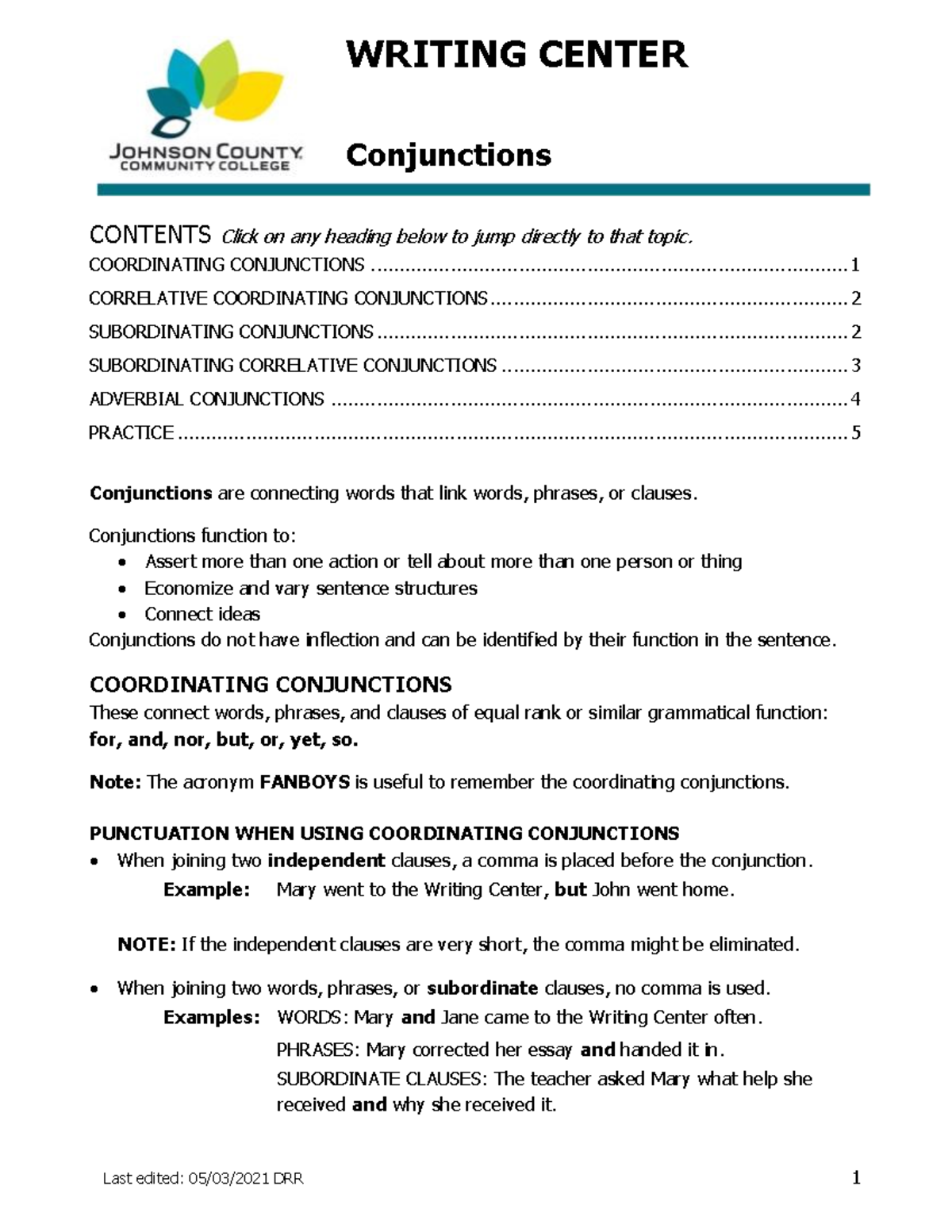 Conjunctions Overview - Writing Center Guide (Conjunctions-1) - Studocu