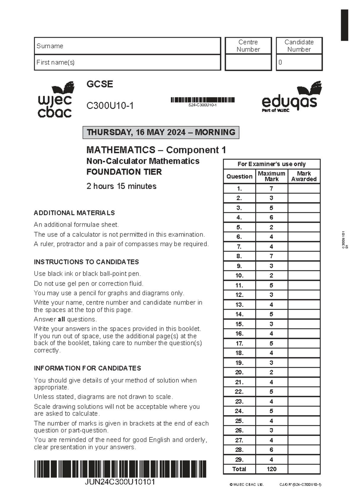 GCSE Mathematics Exam Paper - Foundation Tier (S24-C300U10-1) - Studocu