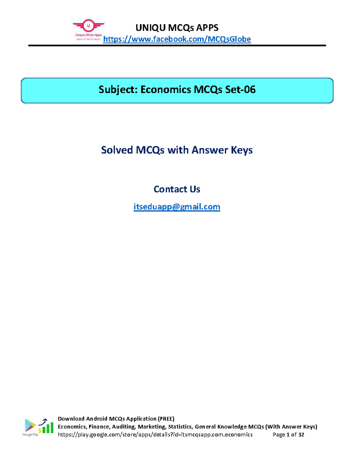 Economics MCQs Set-06 for Course 06: Comprehensive Exam Prep - Studocu