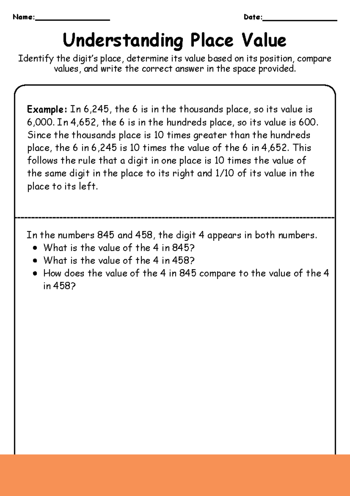 Understanding Place Value - 5th Grade Worksheet - Name: Date ...