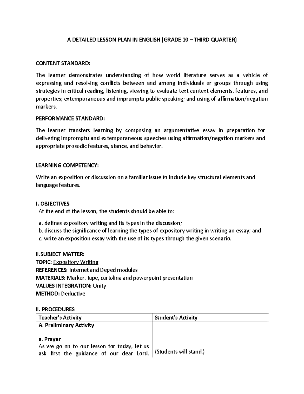 Gr10 LP3: Detailed Lesson Plan on Expository Writing - Studocu