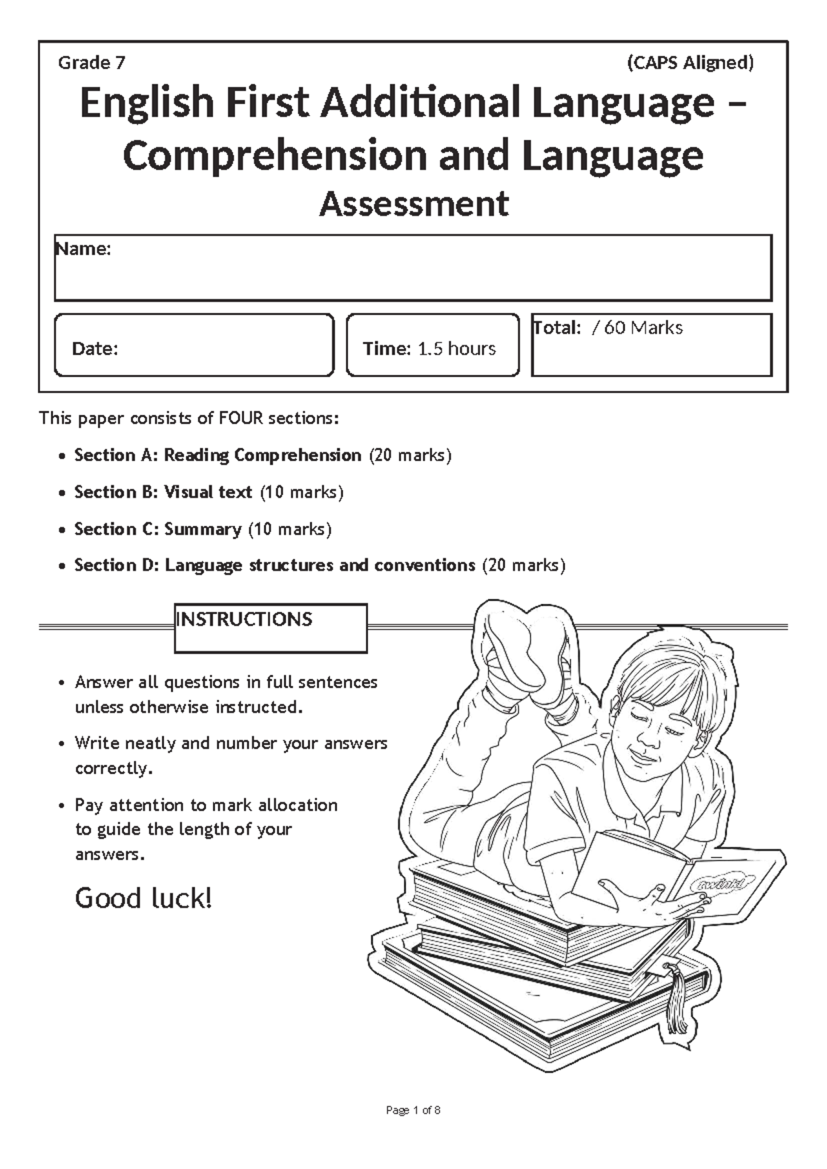 Grade 7 (CAPS) English FAL Term 2 Comprehension & Language Assessment ...