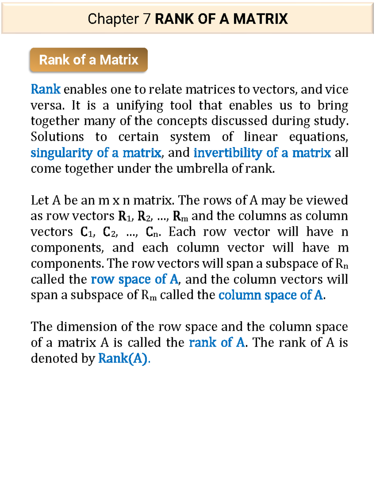 Chapter 7 Rank of a Matrix - Rank of a Matrix Rank enables one to ...