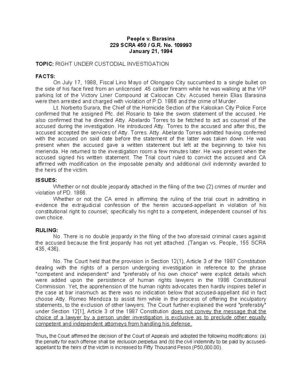 People v. Barasina: G.R. No. 109993 - Custodial Rights Analysis - Studocu