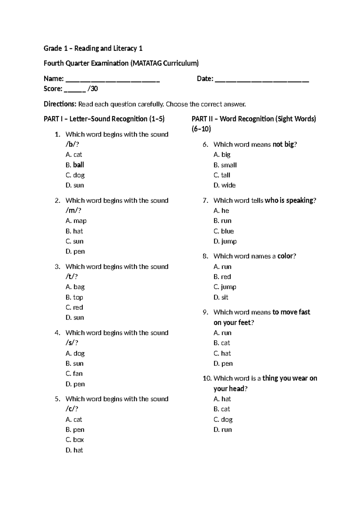 Grade 1 Reading and Literacy 1 Final Exam (MATATAG Curriculum) - Studocu