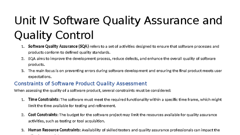 Unit IV: Software Quality Assurance & Control Overview - Studocu