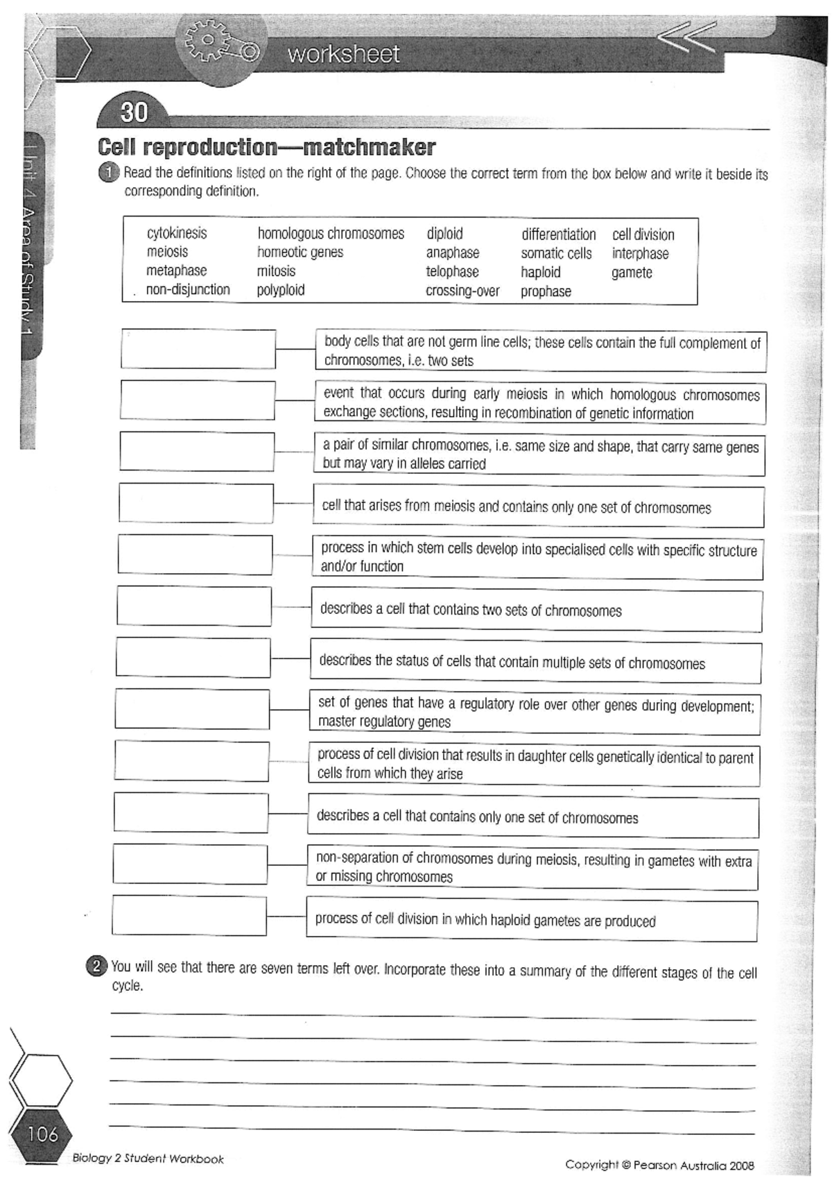 Biology 2 Worksheet 30: Cell Cycle Definitions & Terms - Studocu