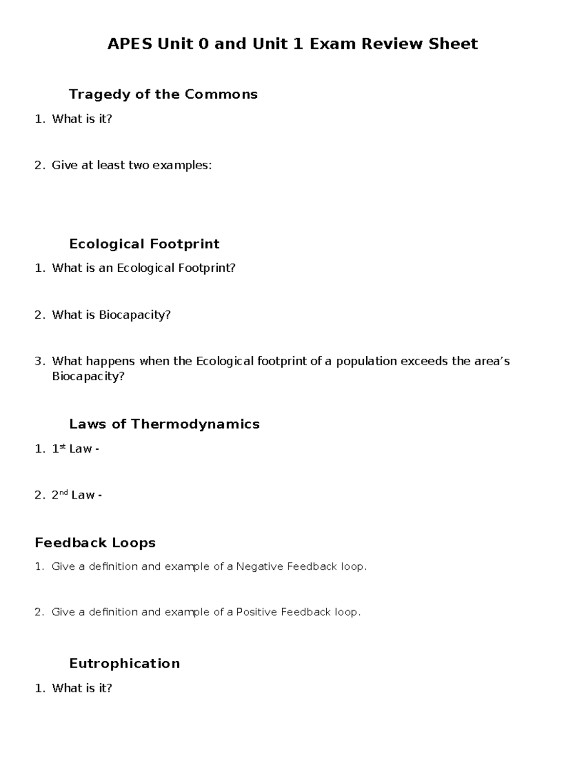 Apes Unit 0 1 Exam Review Ecological Concepts Cycles Studocu