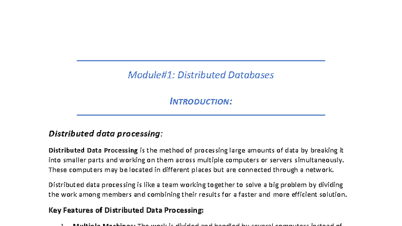 DDBS Module#1: Introduction to Distributed Databases and Processing - Studocu