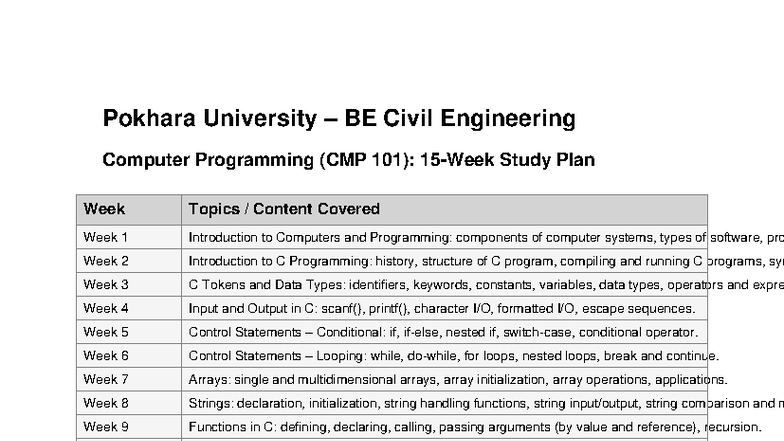 Computer Programming (CMP 101) PU BE Civil 15-Week Study Plan - Studocu