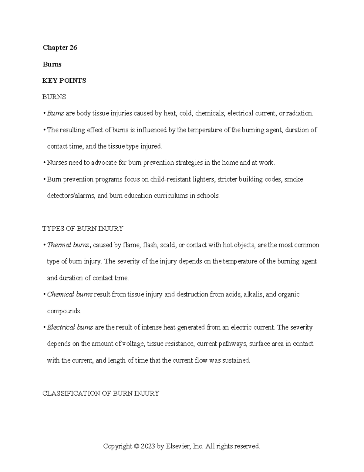 Chp 26 Burns: Key Points on Burn Types, Treatment, and Care - Studocu