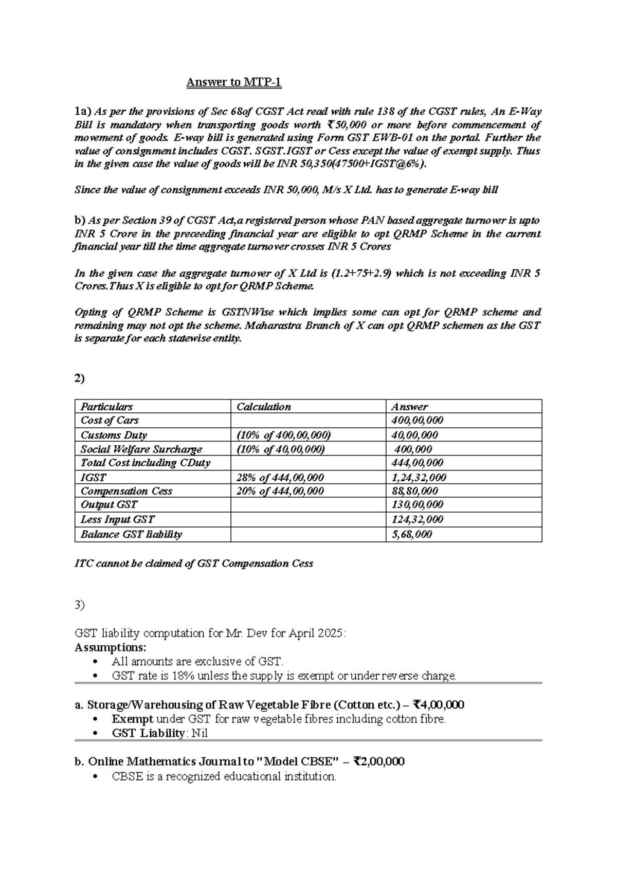 MTP1 - Comprehensive Notes on CGST Act Provisions and GST Liabilities ...