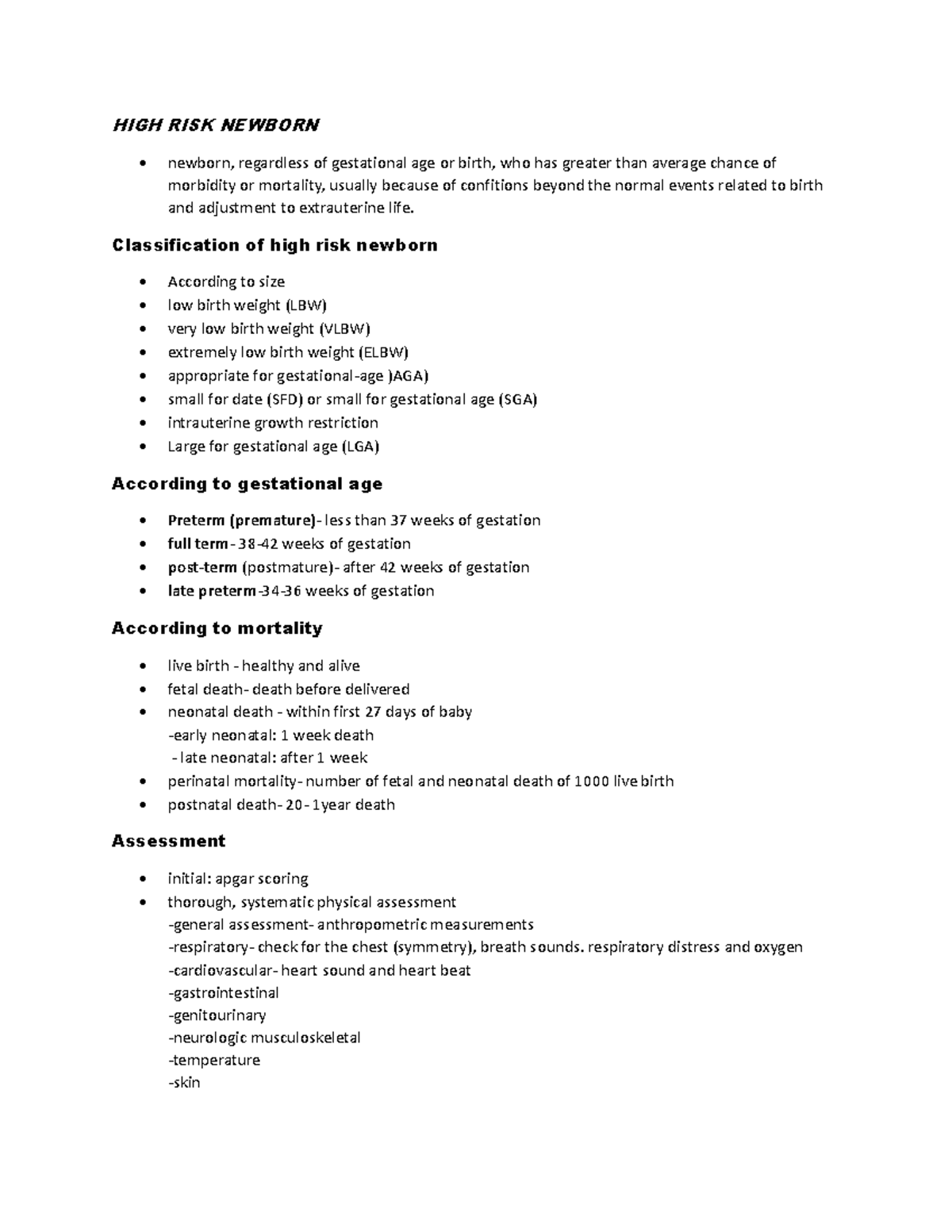 HIGH RISK NEWBORN: Classification, Assessment & Management Notes - Studocu