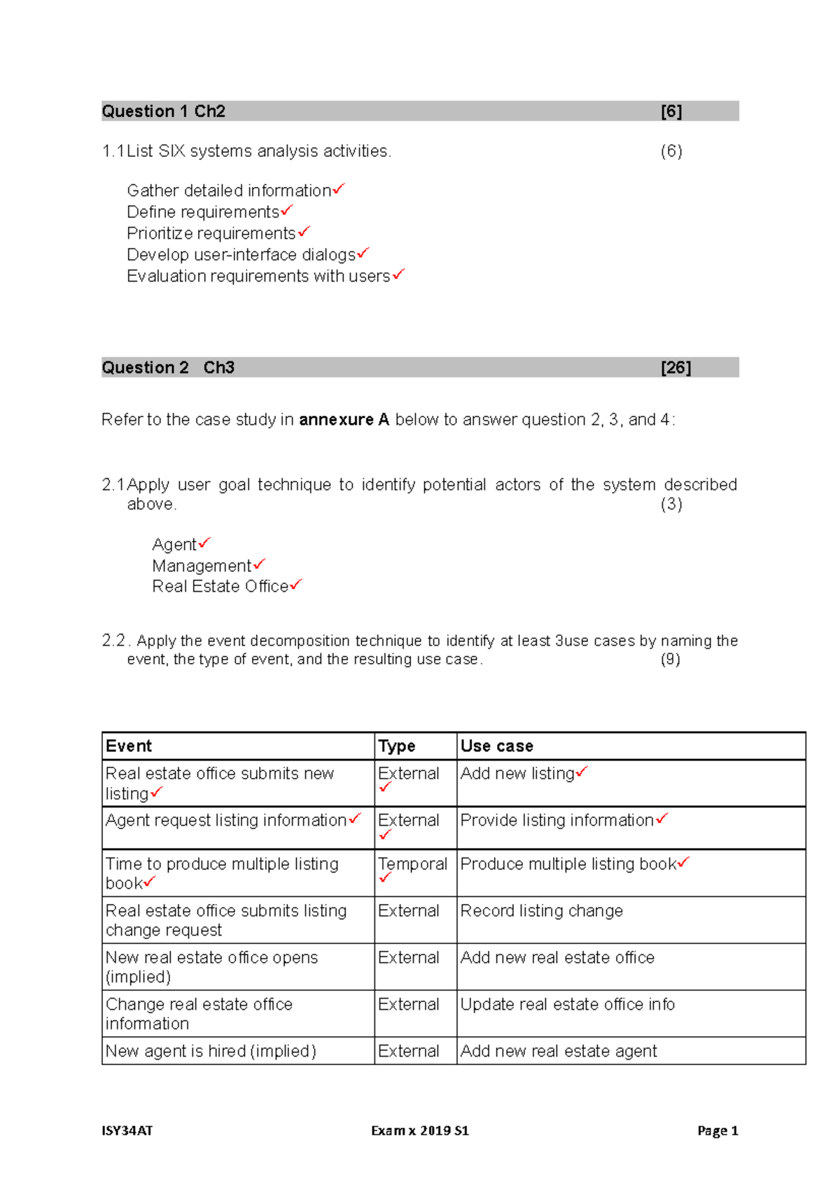 ISY34AT Exam X S1 2019 - Question 1 Ch2 [6] 1 SIX systems analysis ...