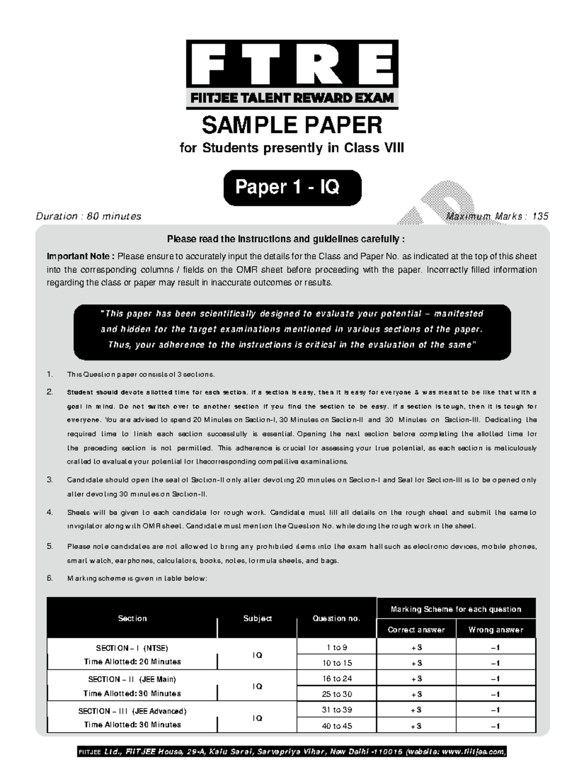 Sample Paper 1 - IQ Test Notes for Competitive Exams (Duration: 80 min ...