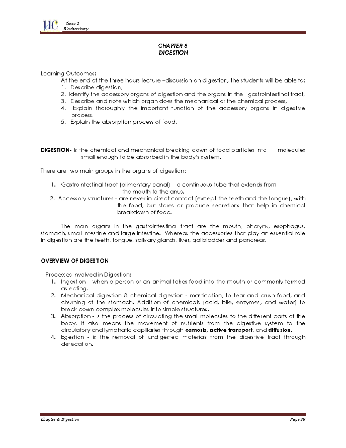 Chem 2 Biochemistry CHAPTER 6: DIGESTION Overview and Learning Outcomes - Studocu