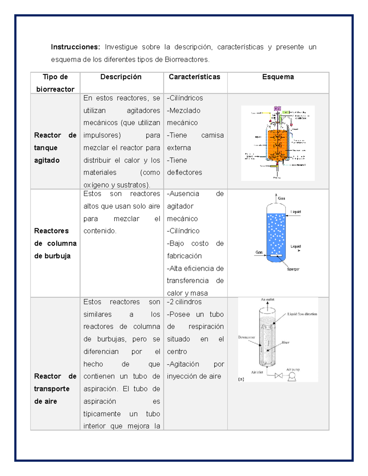 Cuadro de los tipos de biorreactores - Instrucciones: Investigue sobre ...