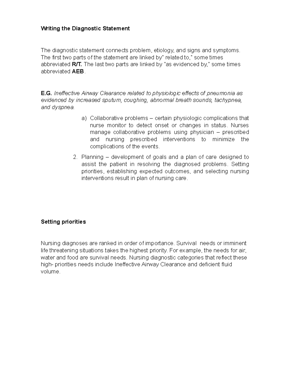 NUR 301 Writing the Diagnostic Statement: A Comprehensive Guide - Studocu