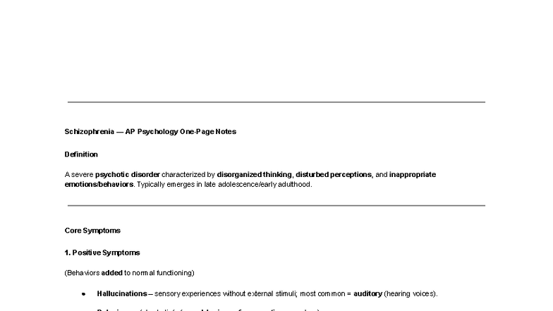 AP Psychology: Schizophrenia Notes and Key Concepts - Studocu