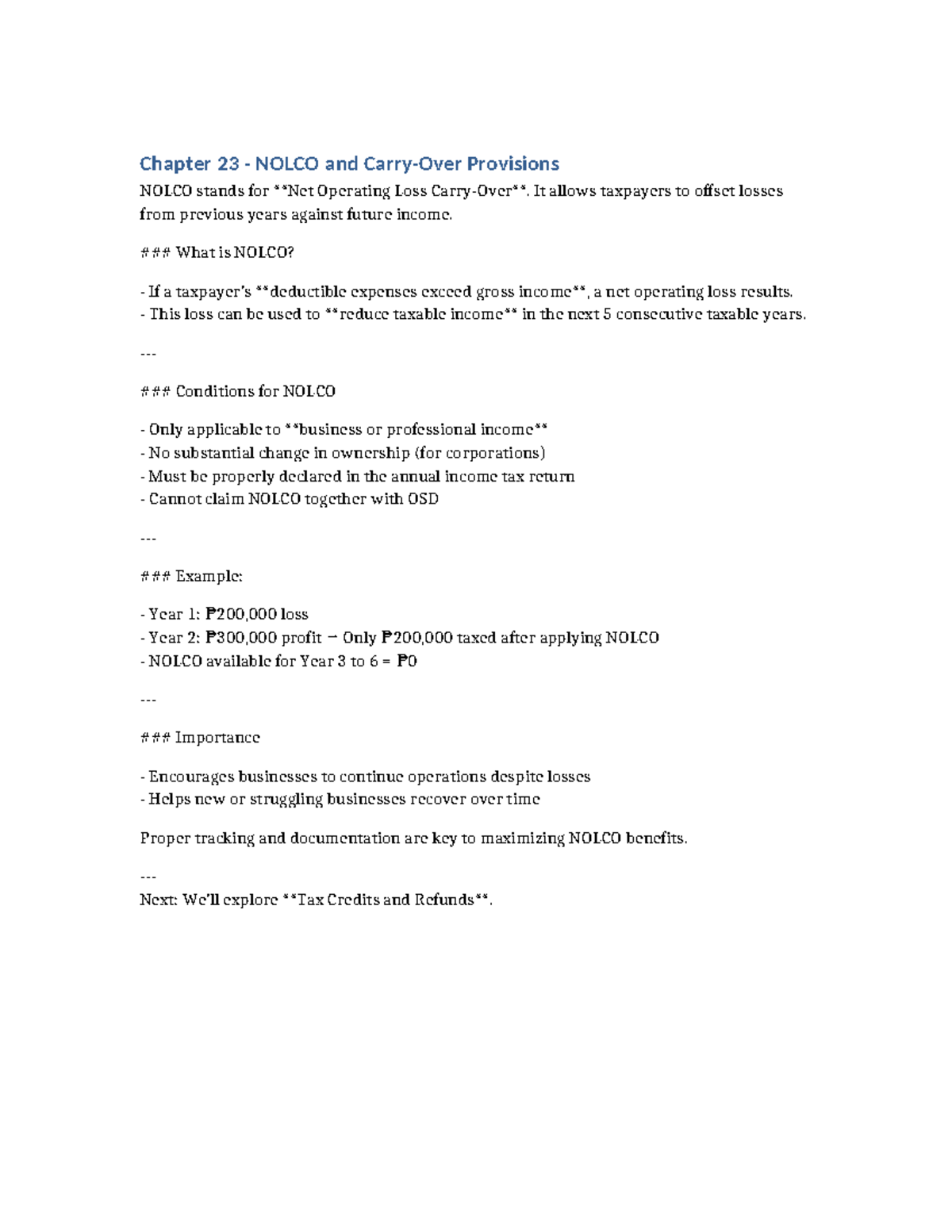 Chapter 23 - NOLCO and Carry-Over Provisions Explained - Studocu