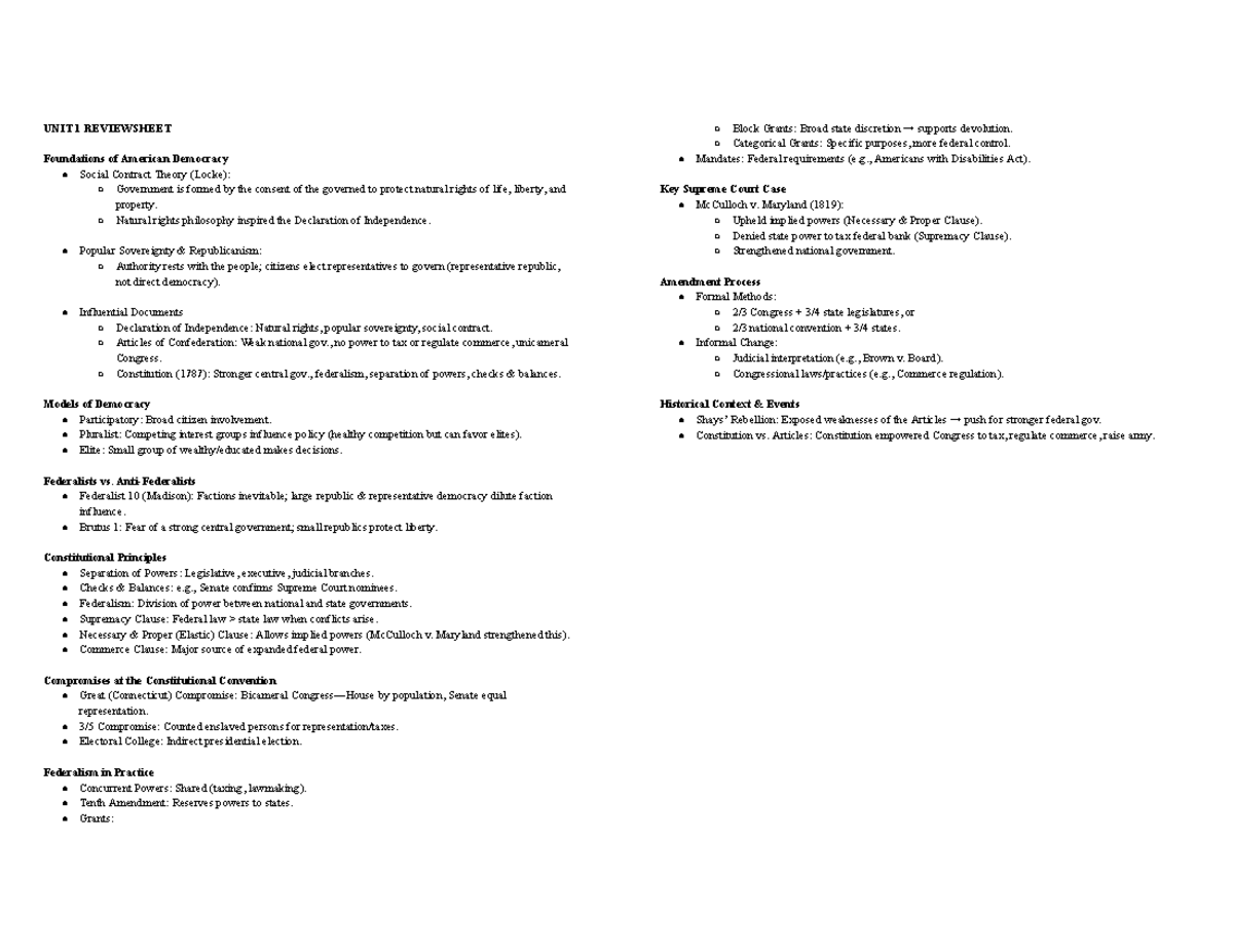 Foundations of American Democracy Review Sheet: Key Concepts ...