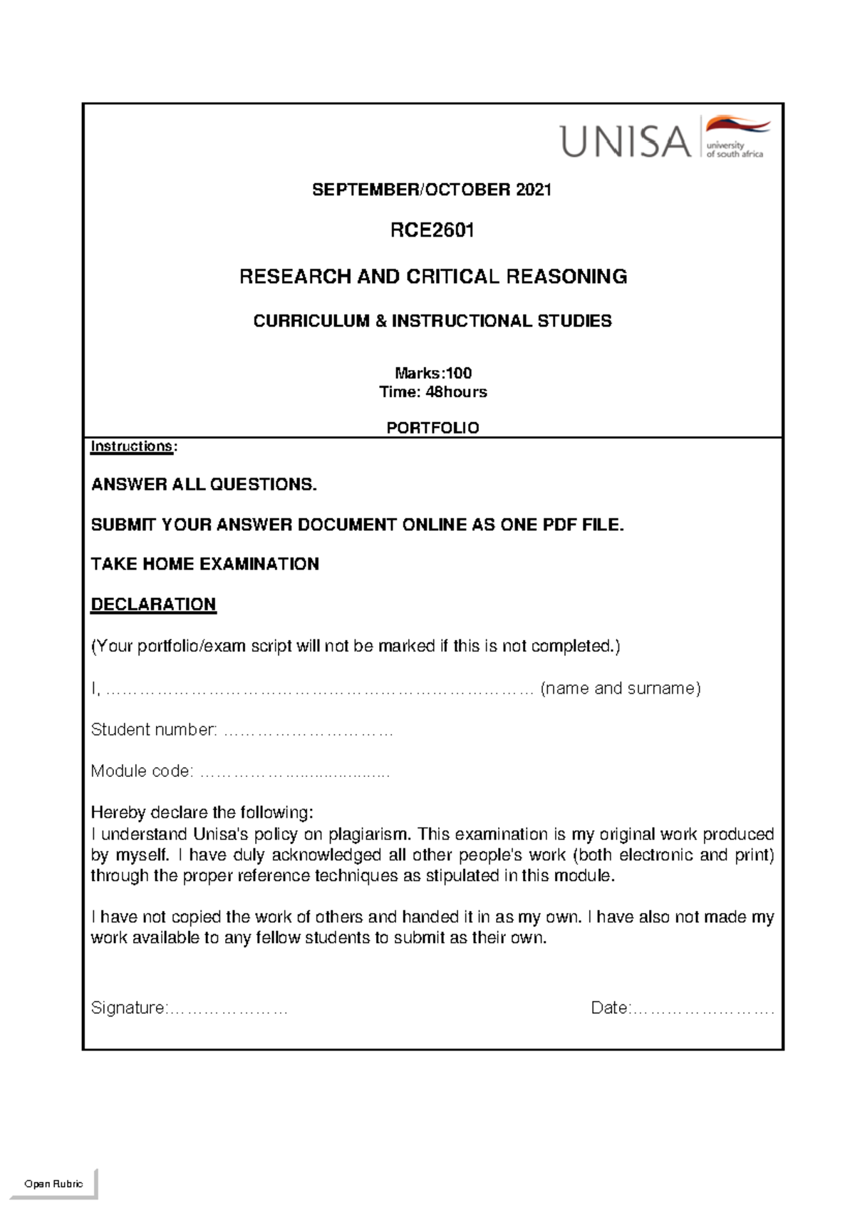 RCE2601 SEPT/OCT 2021 - Action Research Proposal Guidelines - Studocu